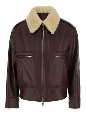 Bottega Veneta Brown Shearling Coat With Removable Fur Collar And Front Zip Closure In Leather - Multicolor