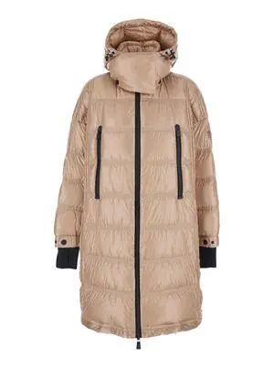 Moncler Rochelairs' Beige Down Jacket With Drawstring Hood And Logo Patch On The Sleeve In Tech Fabric - Multicolor