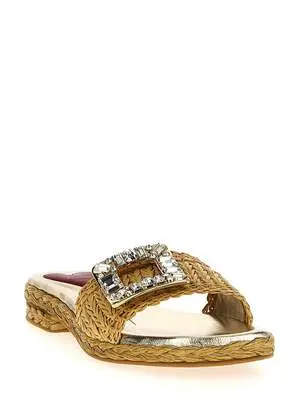 ROGER VIVIER Raffia Jewel Sandals - Cream