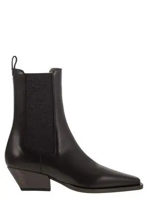 Brunello Cucinelli Classic Leather Chelsea Boot With Precious Block Heels - Black