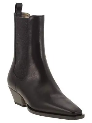 Brunello Cucinelli Classic Leather Chelsea Boot With Precious Block Heels - Black
