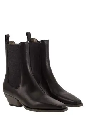 Brunello Cucinelli Classic Leather Chelsea Boot With Precious Block Heels - Black