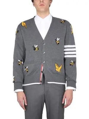 Thom Browne Cardigan With Birds And Bees Inlays - Gray