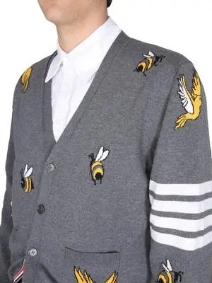 Thom Browne Cardigan With Birds And Bees Inlays - Gray