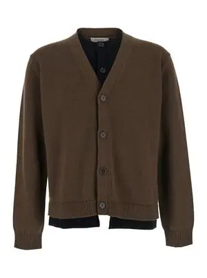 JW Anderson Cardigan With V-neck And Layered Design In Fabric - Brown