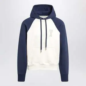 AMI Paris De Coeur Hoodie In Cream/blue - White