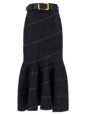 SELF-PORTRAIT Indigo Denim Belted Midi' Skirt - Blue