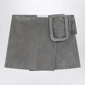AMI Paris Grey Suede Mini Skirt With Large Buckle Belt - Gray
