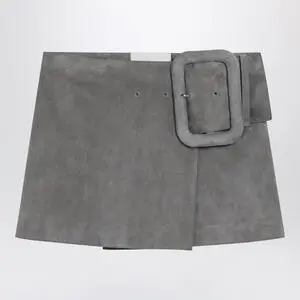 AMI Paris Grey Suede Mini Skirt With Large Buckle Belt - Gray