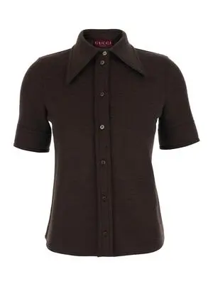 Gucci Shirt With Polo Style Pointed Collar In Wool And Cotton Blend - Brown