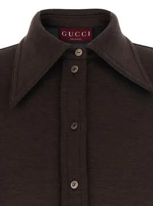 Gucci Shirt With Polo Style Pointed Collar In Wool And Cotton Blend - Brown