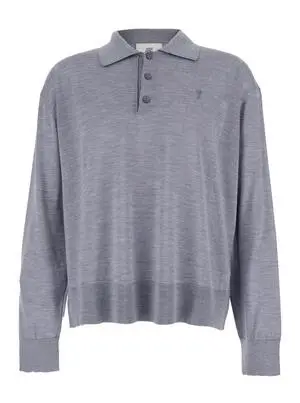 AMI Paris Grey Polo Shirt With Classic Collar And Adc Embroidery On The Front In Wool And Silk Blend - Multicolor