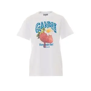 GANNI Logo T-shirt With Strawberry Print - White