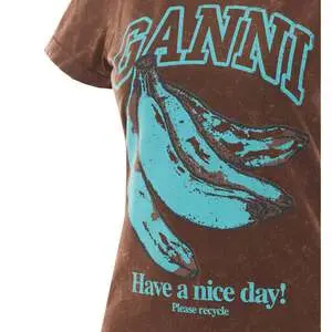 GANNI Logo T-shirt With Blue Banana Print - Brown