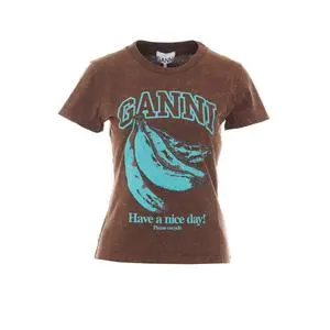 GANNI Logo T-shirt With Blue Banana Print - Brown