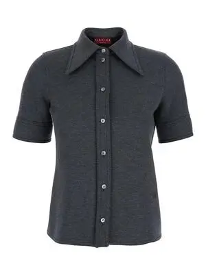 Gucci Grey Shirt With Polo Style Pointed Collar In Wool And Cotton Blend - Gray
