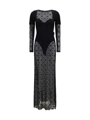 MARINE SERRE Layered Long Dress In Jersey And Mesh - Black