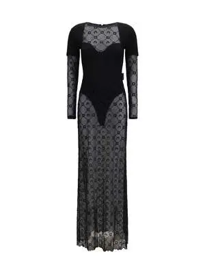 MARINE SERRE Layered Jersey And Mesh Long Dress - Black