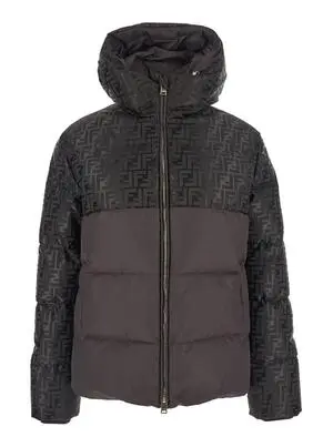 Fendi Brown Down Jacket With Drawstring Hood And Ff Motif In Tech Fabric - Multicolor