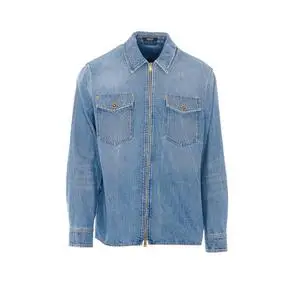 Versace Zipped Denim Shirt With Medusa Buttons - Blue