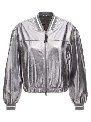 Brunello Cucinelli Laminated Leather Bomber Jacket - Silver