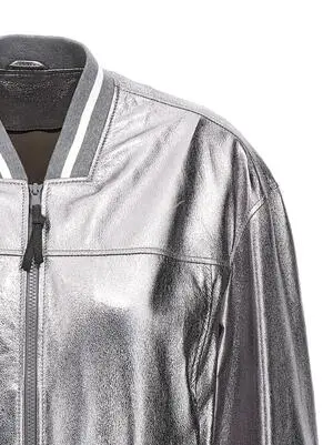 Brunello Cucinelli Laminated Leather Bomber Jacket - Silver
