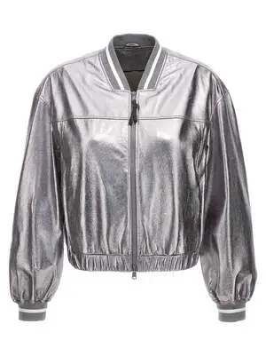 Brunello Cucinelli Laminated Leather Bomber Jacket - Silver