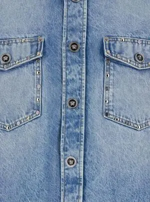 Versace Light Blue Shirt With Classic Collar And Two Patch Pockets On The Front In Denim For