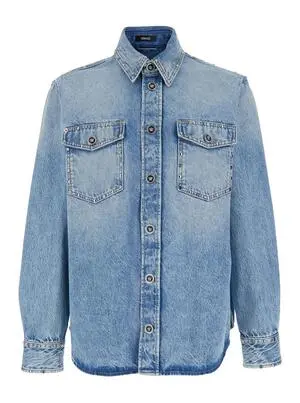 Versace Light Blue Shirt With Classic Collar And Two Patch Pockets On The Front In Denim For - Multicolor