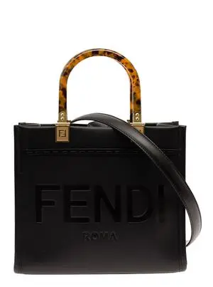 Fendi Tote Bag 'sunshine Small' With Embossed Logo And Tortoiseshell Effect Handle In Leather For - Black