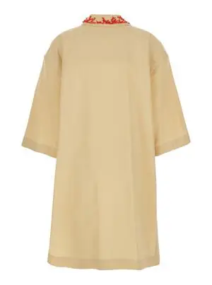 Fendi Beige Dress With Open Polo Shirt Style Collar And Embroidery On The Collar In Cotton - Multicolor