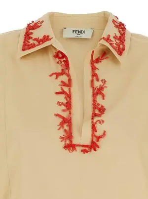 Fendi Beige Dress With Open Polo Shirt Style Collar And Embroidery On The Collar In Cotton - Multicolor