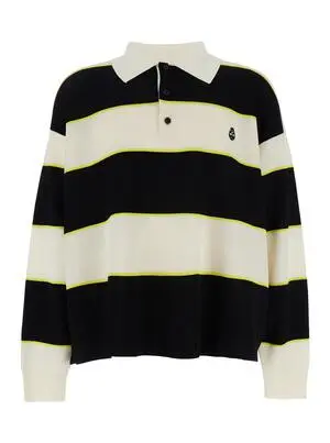 Alexander McQueen Black And White Long-sleeve Polo Shirt With Logo Patch On The Front And All-over Striped Motif In Cotton Blend - Multicolor