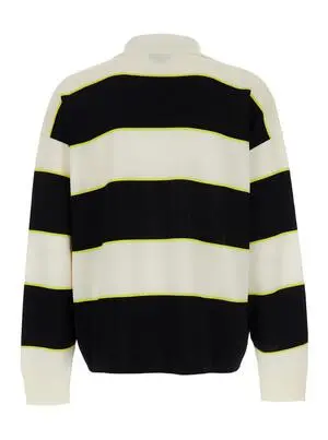 Alexander McQueen Black And White Long-sleeve Polo Shirt With Logo Patch On The Front And All-over Striped Motif In Cotton Blend - Multicolor