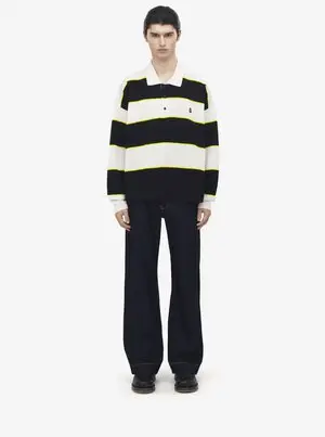 Alexander McQueen Black And White Long-sleeve Polo Shirt With Logo Patch On The Front And All-over Striped Motif In Cotton Blend - Multicolor