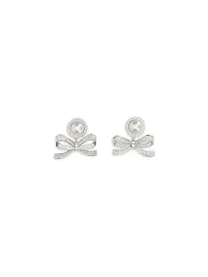 SELF-PORTRAIT Pearl Bow Drop Earrings - Silver