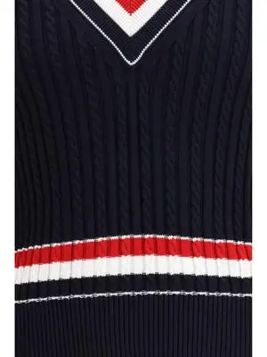 Thom Browne Intarsia Cable-knit V-neck Sweater - Blue