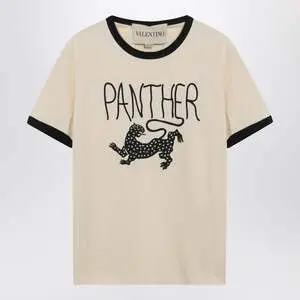 Valentino Garavani Butter-colored T-shirt With Panther Print - Cream