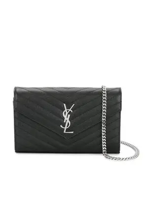 Saint Laurent Classic Cassandre Chain Wallet In Grain De Poudre Leather - Black