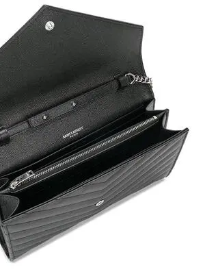 Saint Laurent Classic Cassandre Chain Wallet In Grain De Poudre Leather - Black