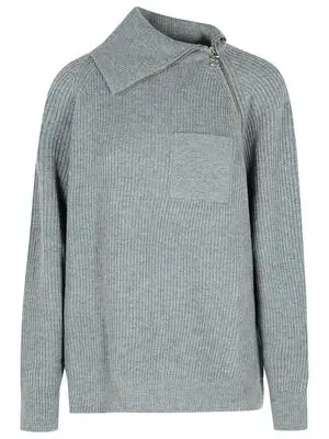 Sportmax Salpa' Cashmere Blend Sweater With Medium Grey Zip - Gray