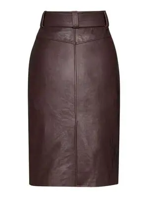 Saint Laurent Belted Pencil Skirt In Creased Leather - Red