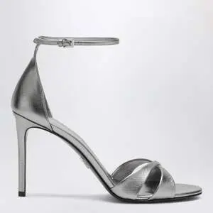 Prada Metallic Leather Heeled Sandals - Silver