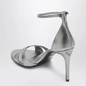 Prada Metallic Leather Heeled Sandals - Silver