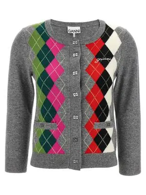 GANNI Argyle Pattern Merino Wool And Cashmere Cardigan - Gray