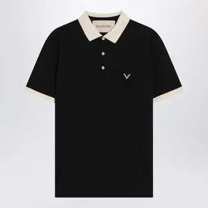 Valentino Garavani Cotton Pique Polo Shirt With Vgold - Black