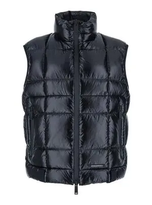 Dsquared2 Black Sleeveless Down Jacket With High Neck And Logo Patch On The Front In Tech Fabric - Multicolor