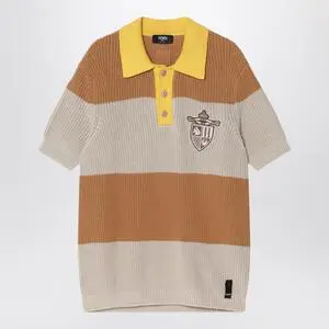 Fendi Knitted Cotton Polo Shirt With Sand And Beige Stripes - Gray