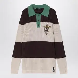 Fendi Knitted Cotton Polo Shirt With And Beige Stripes - Brown