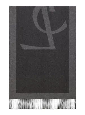 Saint Laurent Grey Scarf With Maxi Logo Lettering And Fringed Hem In Silk - Multicolor